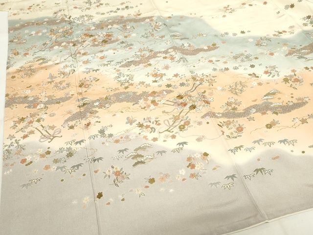 平和屋本店□極上 訪問着 刺繍 霞草花文 暈し染め 金糸 正絹