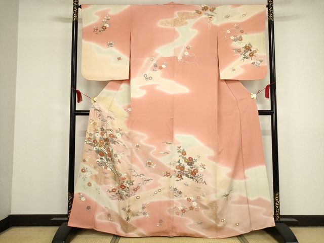 平和屋本店■極上　創業460年・千總　訪問着　駒刺繍　風景花文　暈し染め　金彩　＆#32385；色地　正絹　逸品　KAAA1755kk5