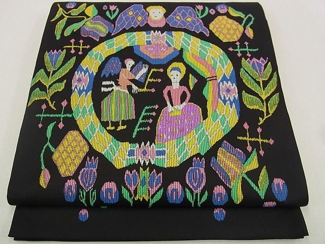 平和屋本店■極上　龍村晋謹製　傳匠名錦　瑞典天使文錦　六通柄袋帯　黒地　逸品s8284