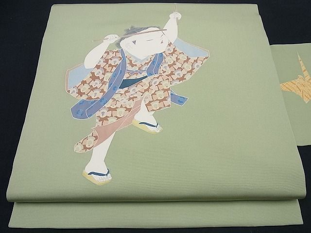平和屋本店■希少　加賀友禅の巨匠　初代　由水十久　塩瀬　九寸名古屋帯　童子　折鶴　三越扱い　逸品3s964