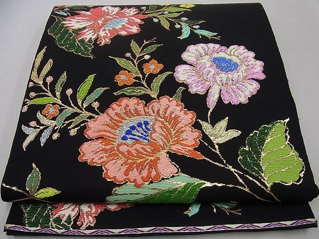 平和屋本店■最高級　龍村平蔵製　本袋帯　金更紗大唐花　黒地　金糸　逸品3s989