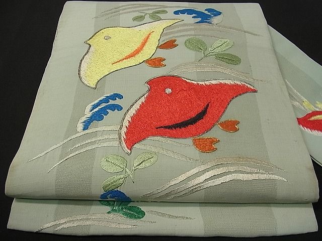 平和屋本店■極上　アンティーク　大正ロマン　スリーシーズン　春夏秋　九寸名古屋帯　総刺繍　駒刺繍　立波に千鳥　金銀糸　1s294