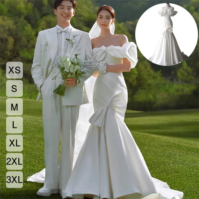 ウェディングドレス パーティードレス ロングドレス 二次会 結婚式 前撮り ブライダル 花嫁 演奏会 マーメイドドレス オフショルダー リボンサテン 編み上げ 後撮り 披露宴 演奏会