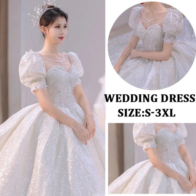 新作 ウエディングドレス レディース 半袖 パフスリーブ ワンピース 結婚式 花嫁 二次会 レース ドレス 少女 女性 腰縛り メッシュ フォーマル パーティー ロングワンピース 大人