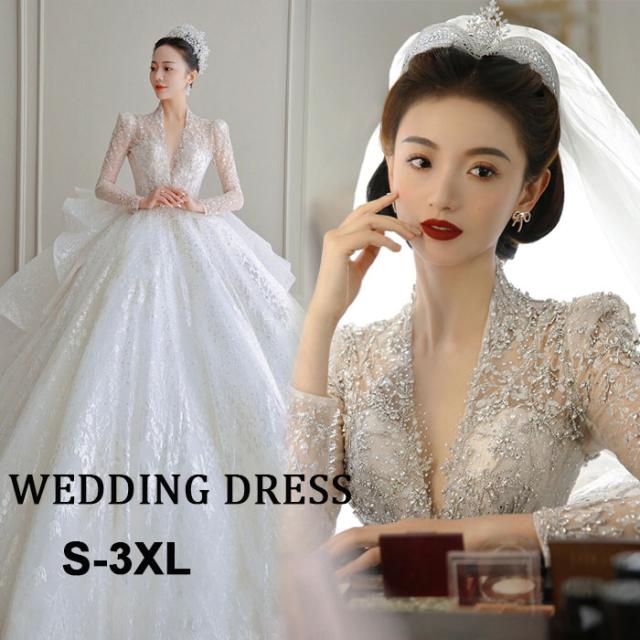 新作 ウエディングドレス レディース 長袖 Vネック ワンピース 結婚式 花嫁 二次会 レース ドレス 少女 女性 腰縛り メッシュ フォーマル パーティー 大人