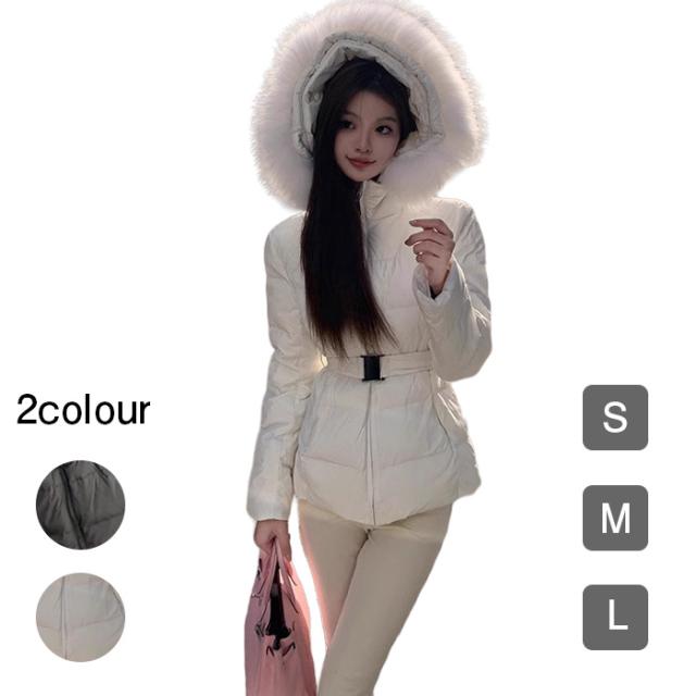 ベルト付き ロングダウンコート レディース ロング ダウンコート ロングコート ブラック ホワイト ファー付き S-L