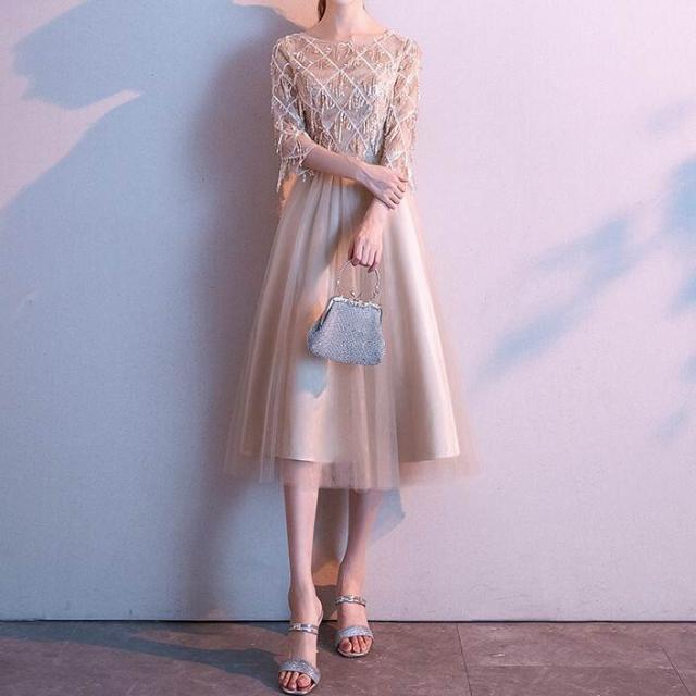 レディース ワンピース ドレス ショート ミモレ ノースリーブ 5分袖 Aライン ファスナー スパンコール 大人可愛い きれいめ 上品 おしゃれ ガーリー クール エレガント フォーマル 都会的