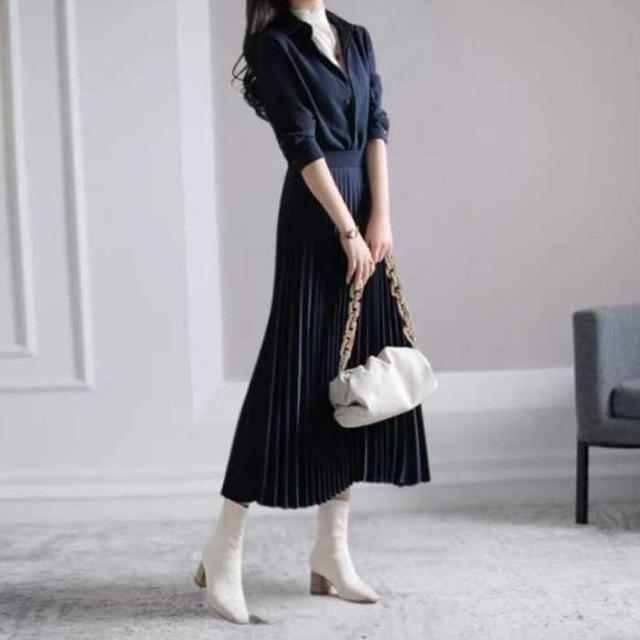 きれいめ レディースファッション ワンピース S M L XL プリーツスカート ウエストマークとフロントボタン 20代 30代 40代 50代 春服 秋服 冬服 ロングワンピース 長袖 フォーマル