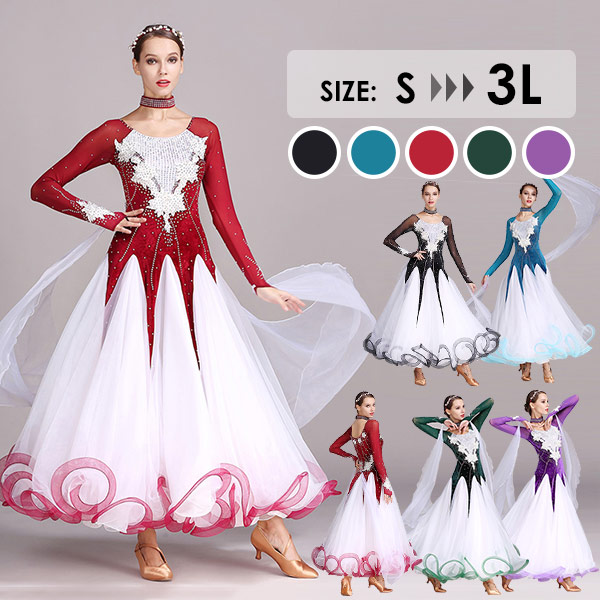 着た時 歩いた時のシルエットがとても美しい 軽くてフレアもたっぷり入っているので綺麗に揺れます ストレッチ素材で動きやすく、練習等におすすめのレディース社交ダンスウェアです