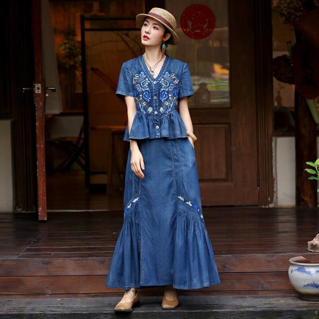 秋新作 レディースセットアップワンピース デニムブラウス＋デニムスカート 2点セット 上下セット 刺繍 花柄 ボタニカル柄 Vネック ロングスカート 半袖 レトロワンピース きれいめ 大人かわいい 3