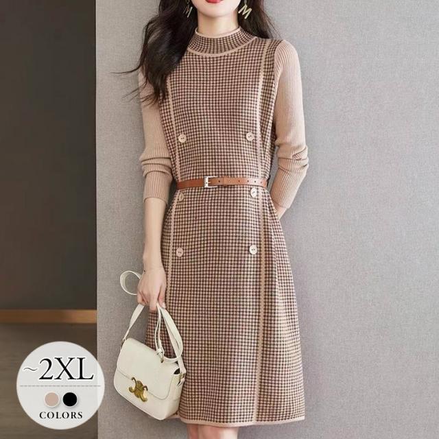 ニットワンピース 膝丈 ワンピース 長袖 厚手 大きいサイズ 大人かわいい 美人 レディース 秋 冬 30代 40代 50代 ブラック ベージュ モックネック チェック柄 ダブルボタン きれいめ 上品