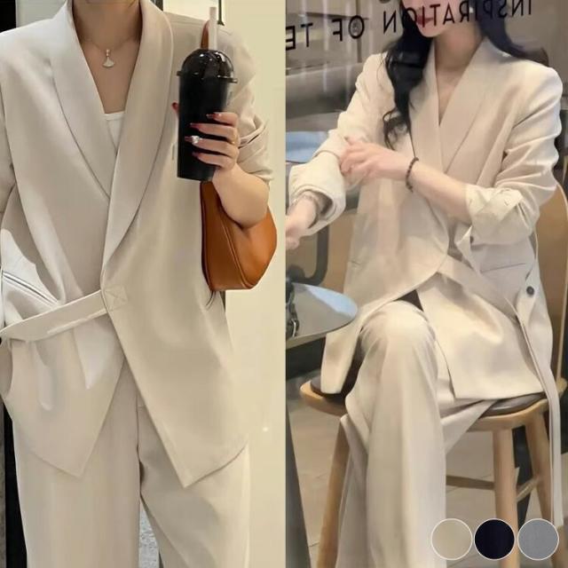 スーツ レディース パンツ 韓国 パンツスーツ 春 秋 ワイドパンツ セットアップ リボン ベルト 上下 個性的 オフィス エレガント OL 通勤 アシンメトリー 大人 おしゃれ 白 黒 グレー ショ