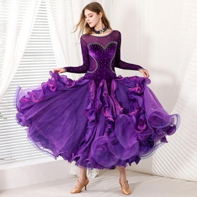 社交ダンスドレス モダンドレス 透け感 社交ダンス衣装 社交ダンス ドレス 衣装 長袖 広がる裾 スタンダードドレス ワルツダンス ワンピースドレス ステージ衣装 ダンス衣装 ダンスウェア 競技会 パ