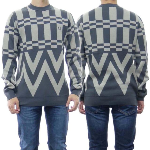 旧作お買い得セール！ FRED PERRY フレッドペリー セーター メンズ クルーネック コットン 綿100％ニット K4522 / JACQUARD CREW NECK JUMPER グレー