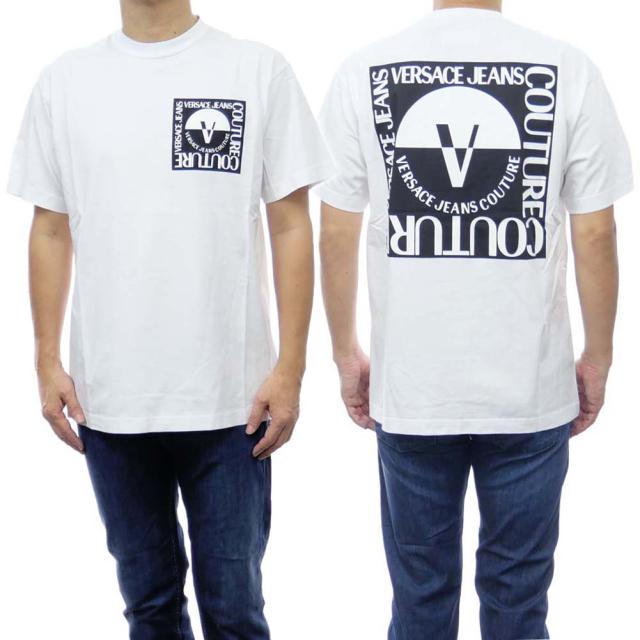 旧作お買い得セール！ VERSACE JEANS ヴェルサーチェジーンズ Tシャツ メンズ 半袖 クルーネック コットン 綿100％ 74GAHT15 CJ00O ホワイト