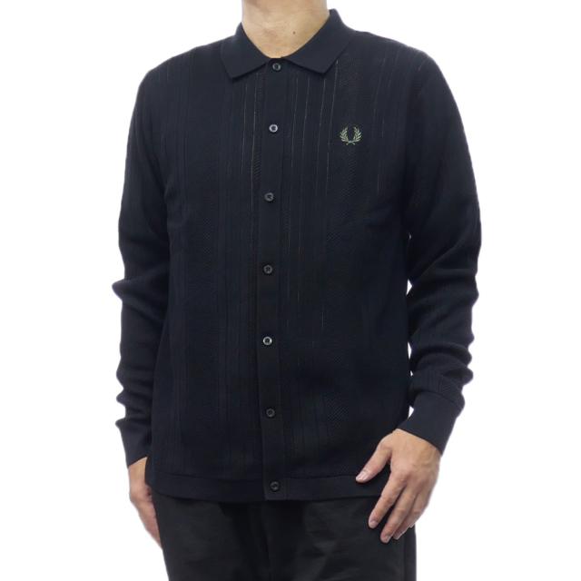 旧作お買い得セール！ FRED PERRY フレッドペリー セーター メンズ クルーネック コットン 綿100％ニット K8537 / POINTELLE PANEL LS KNIT SHIRT ブラック