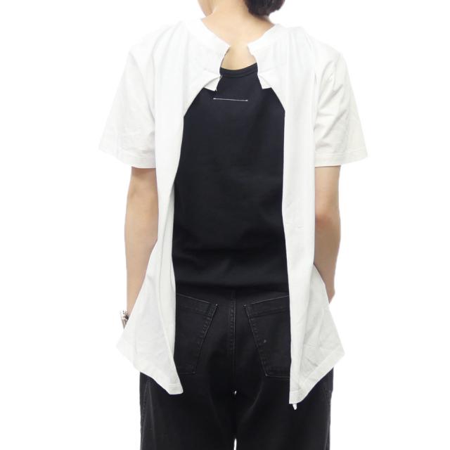 旧作お買い得セール！ MM6 エムエムシックス Tシャツ レディース 半袖 バックパネル クルーネック コットン 綿100％ S52GC0302 S23588 ホワイト×ブラック