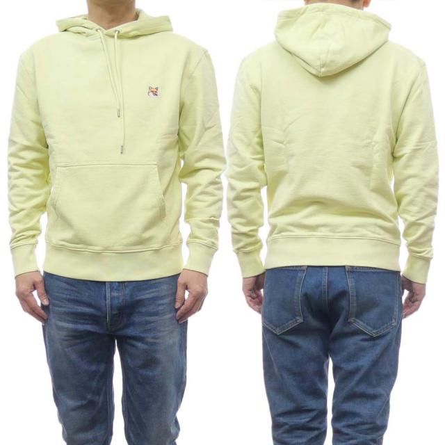 旧作お買い得セール！ MAISON KITSUNE メゾンキツネ パーカー メンズ パイル地プルオーバー コットン 綿100％ LM00702 KM0001 / FOX HEAD PATCH REGULAR HOODIE パステルイエロー