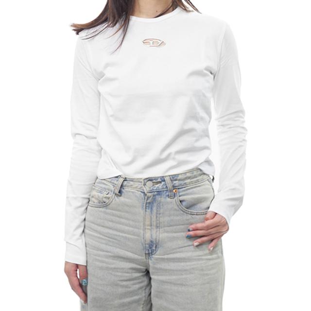 2025 秋冬新作！ DIESEL ディーゼル Tシャツ レディース 長袖 クルーネック コットン 綿100％ ロンT A19348 0CLBR / T-UNCUTE-LONG-LS-OD ホワイト