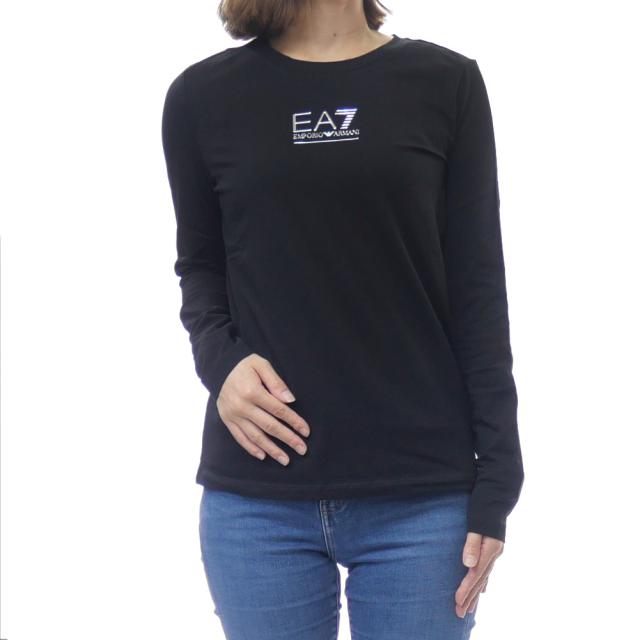 2025 秋冬新作！ EMPORIO ARMANI エンポリオアルマーニ EA7 Tシャツ レディース 長袖 クルーネック ロンT 7W000415 AF10373 ブラック×シルバー