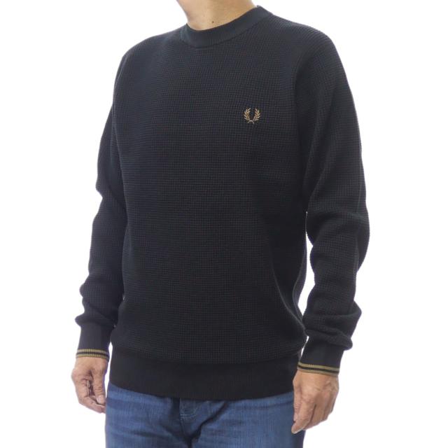 2025 秋冬新作！ FRED PERRY フレッドペリー セーター メンズ クルーネックニット コットン 綿100％ K6507 / WAFFLE STITCH JUMPER ブラック