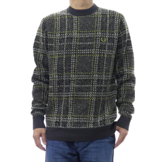 2025 秋冬新作！ FRED PERRY フレッドペリー メンズクルーネックニット セーター K1552 / BRUSHED TARTAN JUMPER グレー 2025秋冬新作