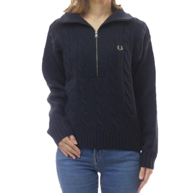 2025 秋冬新作！ FRED PERRY フレッドペリー セーター レディース ハーフジップ K1103 / HALF ZIP CABLE KNIT JUMBER ネイビー