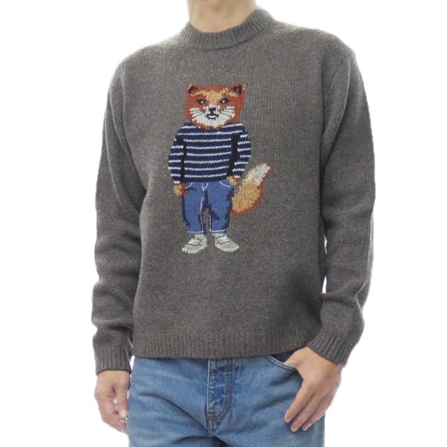 MAISON KITSUNE メゾンキツネ メンズ クルーネックセーター ニット PM00806 KH0002 / DRESSED FOX INTARSIA WOOL JUMPER ダークグレー