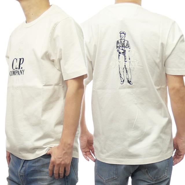セールSS C.P. COMPANY シーピーカンパニー Tシャツ メンズ 半袖 クルーネック コットン 綿100％ 18CMTS106A 110301W オフホワイト
