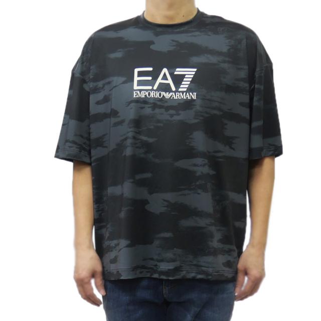 セールSS EMPORIO ARMANI エンポリオアルマーニ EA7 Tシャツ メンズ 半袖 クルーネック 7M000067 AF13802 総柄 ブランド ロゴ アクセント カジュアル スポーティ 大きいサイズ ブラック