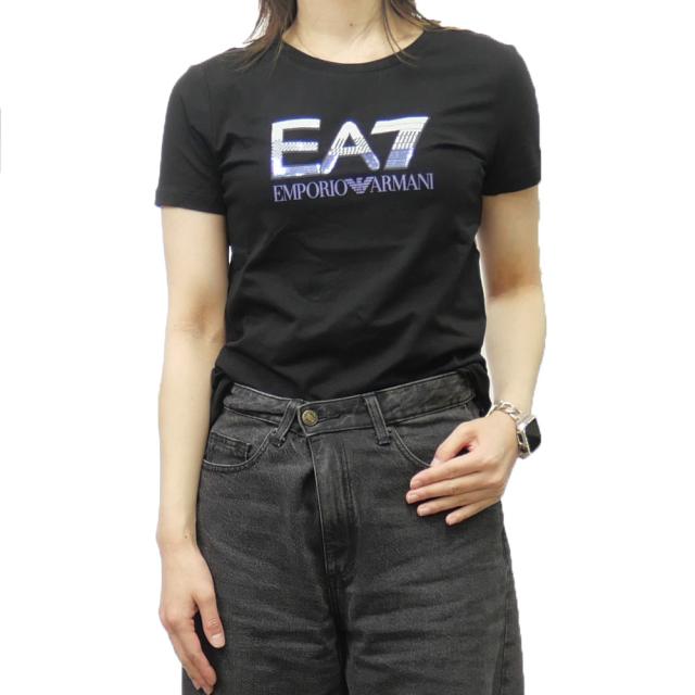 セールSS EMPORIO ARMANI エンポリオアルマーニ EA7 Tシャツ レディース 半袖 ラウンドネック 7W000183 AF10373 ブランド スパンコール ロゴ グラデーション カジュアル スポーティ ジム ブラック