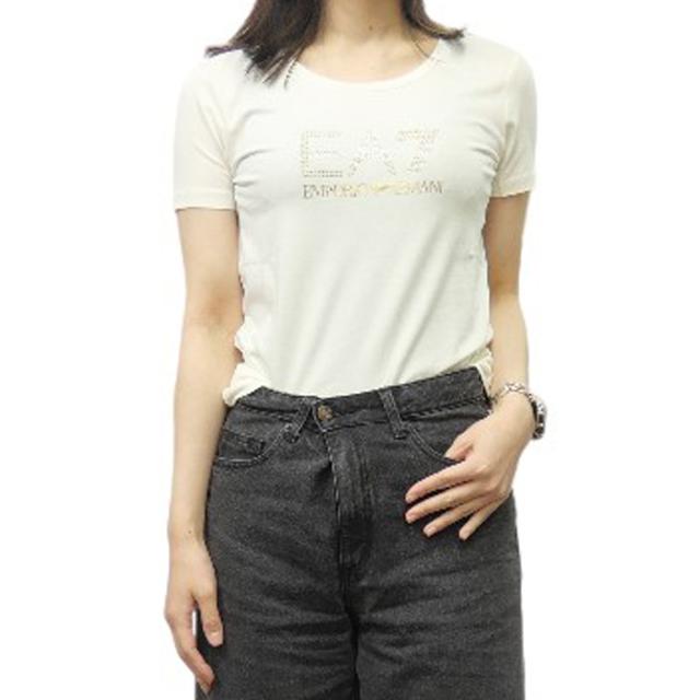 セールSS EMPORIO ARMANI エンポリオアルマーニ EA7 Tシャツ レディース 半袖 ラウンドネック 8NTT67 TJDQZ ブランド スタッズ ラインストーン ロゴ カジュアル スポーティ ジム ストレッチ クリーム