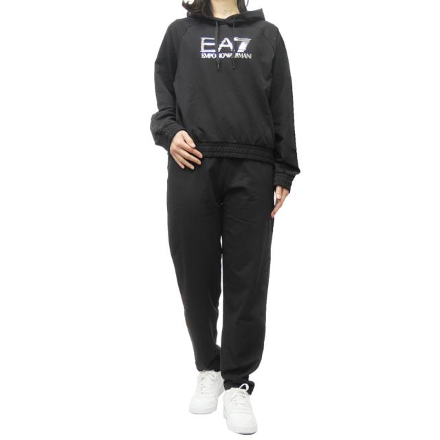 セールSS EMPORIO ARMANI エンポリオアルマーニ EA7 スウェット レディース セットアップ 7W000122 AF12502 長袖 ブランド ロゴ ジャージ 上下セット カジュアル スポーティ ジム ブラック
