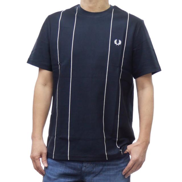 セールSS FRED PERRY フレッドペリー Tシャツ メンズ 半袖 クルーネック コットン 綿100％ M9858 PINSTRIPE T-SHIRT ブランド ロゴ 刺繍 カジュアル スポーティ ライン 大きいサイズ ネイビー