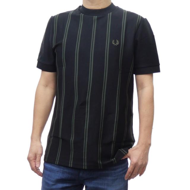 セールSS FRED PERRY フレッドペリー Tシャツ メンズ コットン 綿100％ 半袖 モックネック M9868 STRIPED T-SHIRT ブランド ロゴ 刺繍 カジュアル スポーティ ライン 大きいサイズ ブラック