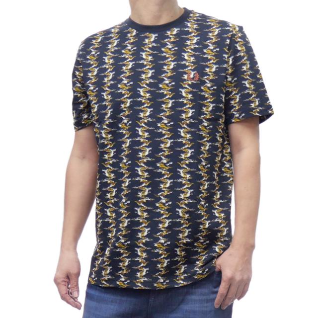 セールSS FRED PERRY フレッドペリー Tシャツ メンズ 半袖 クルーネック コットン 綿100％ 総柄 M9863 ABSTRACT PRINT PIQUE T-SHIRT ブランド ロゴ カジュアル スポーティ 大きいサイズ ネイビー