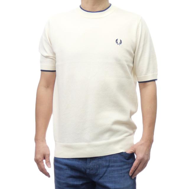 セールSS FRED PERRY フレッドペリー セーター メンズ コットン 綿100％ 半袖 ニット K7642 TEXTURE FRONT KNITTED T-SHIRT 無地 ワンポイント ブランド ロゴ 刺繍 カジュアル きれいめ 大きいサイズ オフホワイト
