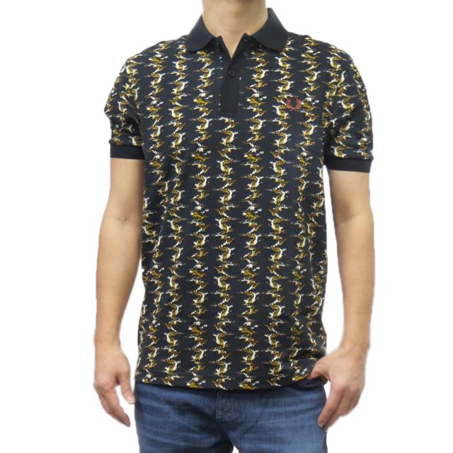セールSS FRED PERRY フレッドペリー ポロシャツ 半袖 メンズ 鹿の子 コットン 綿100％ 総柄 M9836 GRAPHIC PRINT POLO SHIRT ブランド ロゴ 刺繍 カジュアル スポーティ 大きいサイズ ネイビー