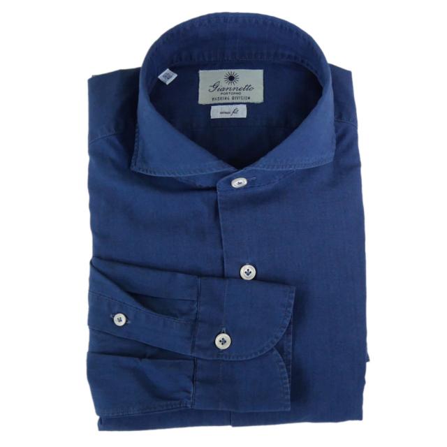 セールSS GIANNETTO ジャンネット カッタウェイシャツ メンズ コットン 綿100％ 長袖 AC356 VINCI WASH CHIARO ワイシャツ ブランド ワンポイント カジュアル 刺繍 上品 ビジネス きれいめ 無地 インディゴ
