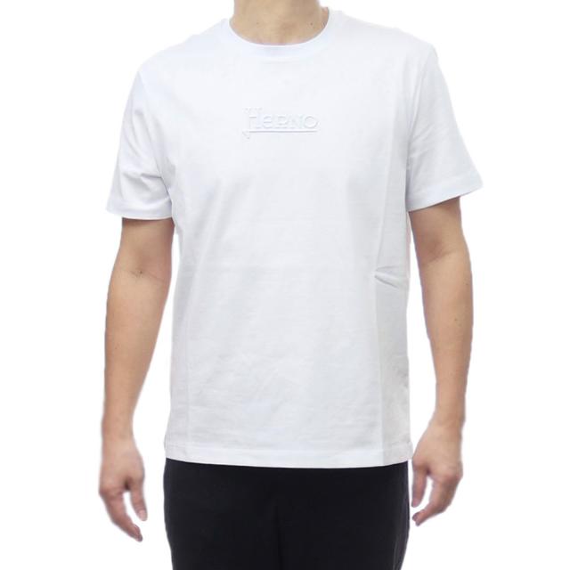 HERNO ヘルノ Tシャツ メンズ 半袖 クルーネック JG000239U 52000 ブランド ロゴ 刺繍 無地 ワンポイント カジュアル 大きいサイズ ホワイト