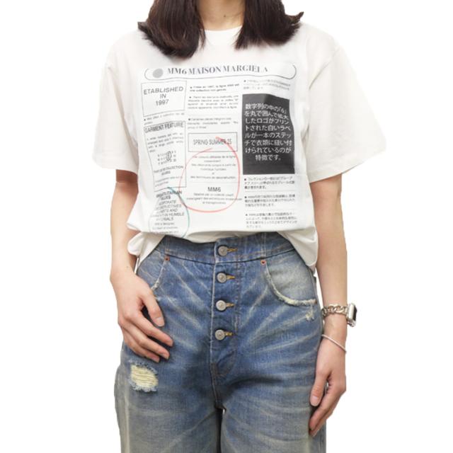 セールSS MM6 エムエムシックス Tシャツ レディース 半袖 クルーネック コットン 綿100％ S52GC0337 S24312 ホワイト