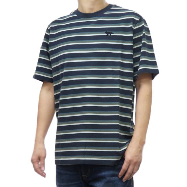 セールSS MAISON KITSUNE メゾンキツネ Tシャツ メンズ 半袖 クルーネック コットン 綿100％ OM00103 KJ7010 PROFILE FOX PATCH STRIPED COMFORT TEE SHIRT ボーダー ブランド ロゴ カジュアル スポーティ 大きいサイズ ネイビー系マルチカラー