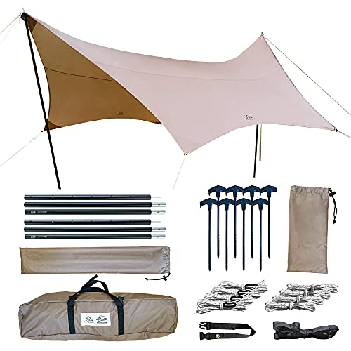 Viaggio+ ヘキサタープ ポール付き 耐水圧5000mm 4.2ｍｘ4.1ｍ UPF50+ 4〜6人用 収納袋付き（モカ）