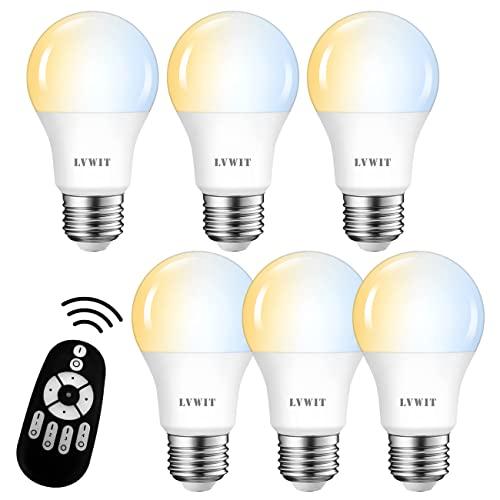 LVWIT LED電球 60W形相当 E26口金 900LM 調光 調色 リモコン付き LEDランプ 消費電力8.3W 遠隔操作 昼光色 昼白色 電球色 常夜灯 広配光タイプ 省エネ 高輝度 6個セット（電池別売）
