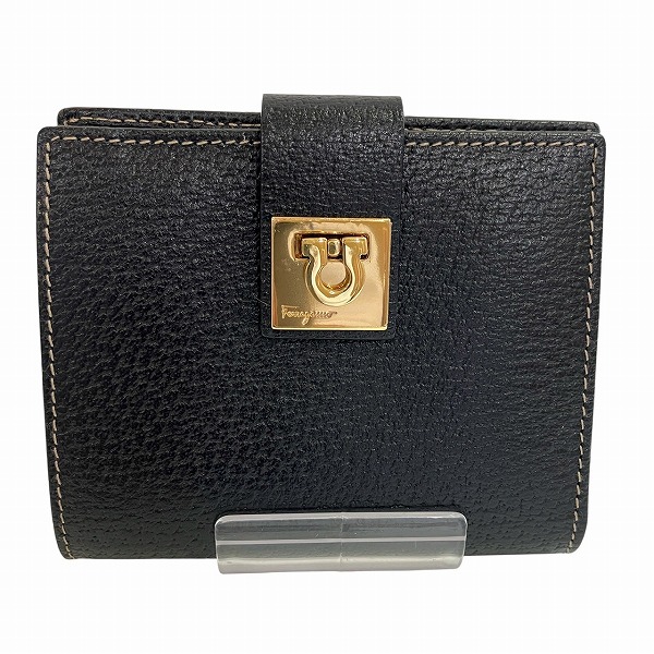 フェラガモ ガンチーニ ブラック レザー 財布 2つ折り財布 レディース【中古】