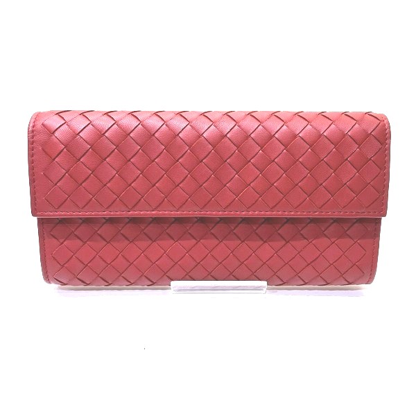 ボッテガ・ヴェネタ イントレチャート 150509 レッド 2つ折り財布 長財布 レディース 美品【中古】