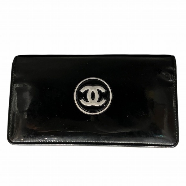 シャネル CHANEL ココマーク メイクアップ エナメル ブラック 長財布 2つ折り財布 レディース【中古】