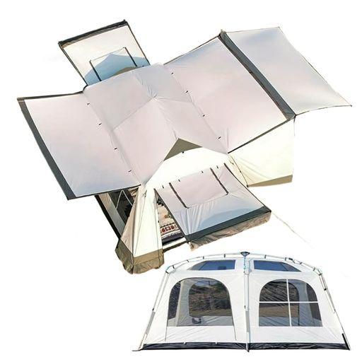 FENGZEL OUTDOOR 大型ワンタッチテント 4-6/8-12人用 黒UVカット加工 耐水圧5000MM 99.9%紫外線防止 アルミ製骨組み 大面積タープ付き 格子窓 二重層 ファミリー グループキャンプ用 キャノピーテン…