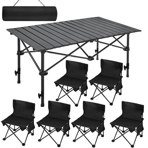 アウトドア テーブル チェアセット キャンプ 7点セット(サイズ120X55X52~82CM、ブラック)高さ調節可能 屋外用折りたたみ椅子 ドア 折りたたみ バーベキュー キャンプ用品 持ち運び便利 軽量 …