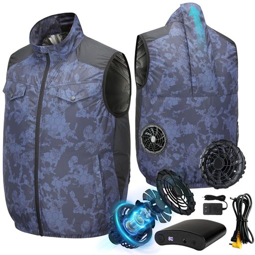 [AMXMECLN] 【2025最強爆風 32V超高出力 体感-15°C 長時間稼働 最強空調作業服 20000MAH ファン付きベスト ファン バッテリー セット 作業着最新 熱中症対策 (2XL, ネイビー迷彩)
